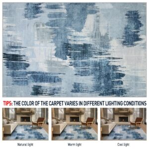 Area Rugs 9x12 Living Room: Large Abstract Living Room Rug with Non Slip Back Bedroom Rug Soft Indoor Floor Thin Carpet for Under Dining Table Stain Resistant Modern Rug for Nursery Home Office Blue