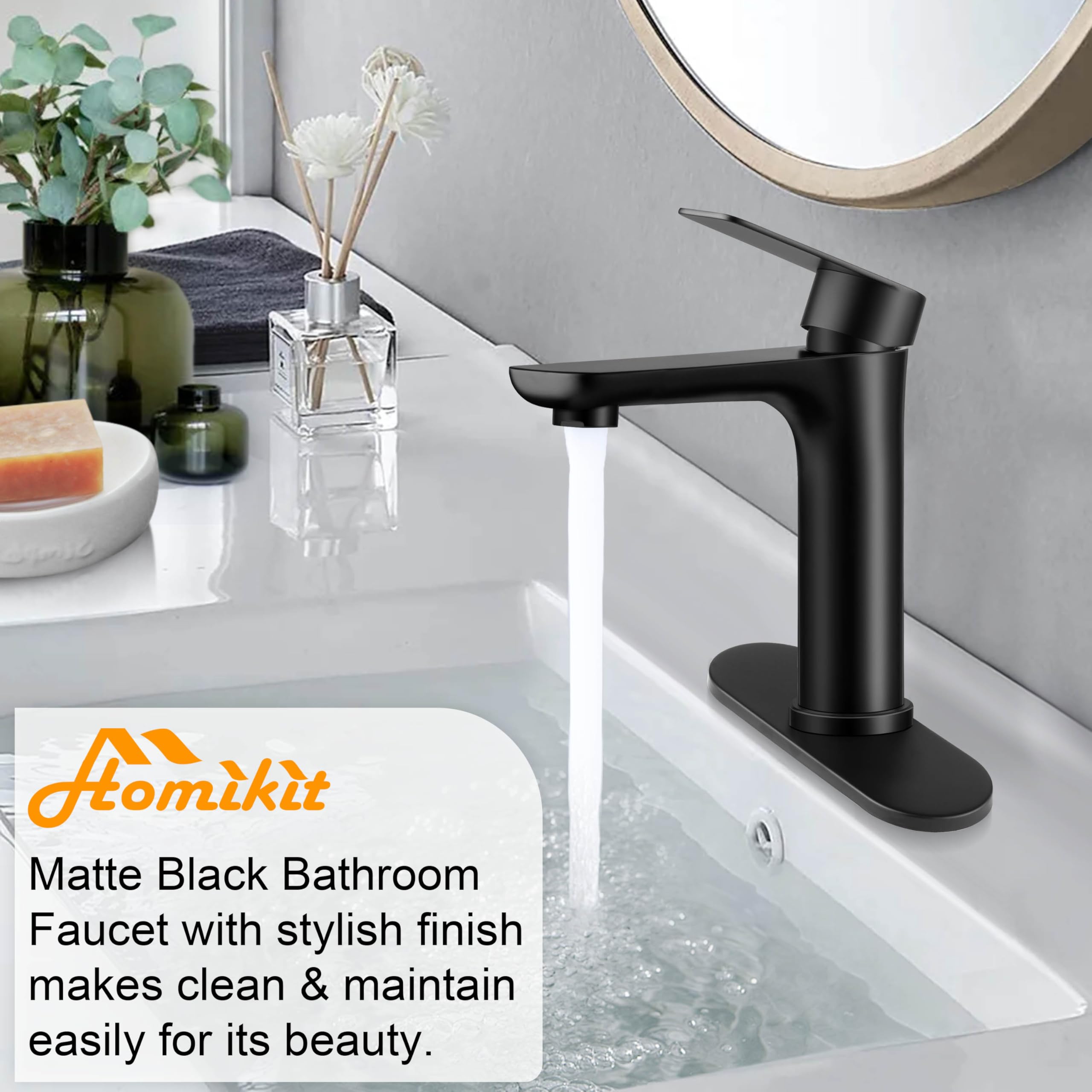 Homikit Bathroom Faucets, Black Bathroom Sink Faucet for 1 Hole or 3 Holes, Matte Black Faucet for Bathroom Sink with Pop Up Drain & Supply Hoses, Stainless Steel Single Handle RV Vanity Basin Faucet