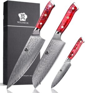 wildmok damascus kitchen knife sets 3 pcs, razor sharp kitchen knives made of japanese damascus steel, well-balanced damascus chef knife set with premium resin full tang handle triple rivet gift box