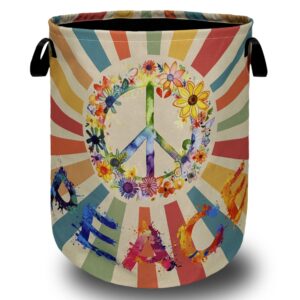 retro colorful hippie peace laundry basket foldable with handles tote bag oxford cloth funny laundry hamper 18.9" x 16.5" clothes storage bucket toy organizer for bathroom/laundry/bedroom