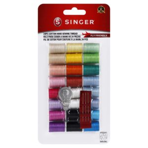 singer mercerized cotton hand sewing thread pack - 24 assorted colors, 10yds/ea, mini spools of thread, includes hand needles & threader, travel friendly