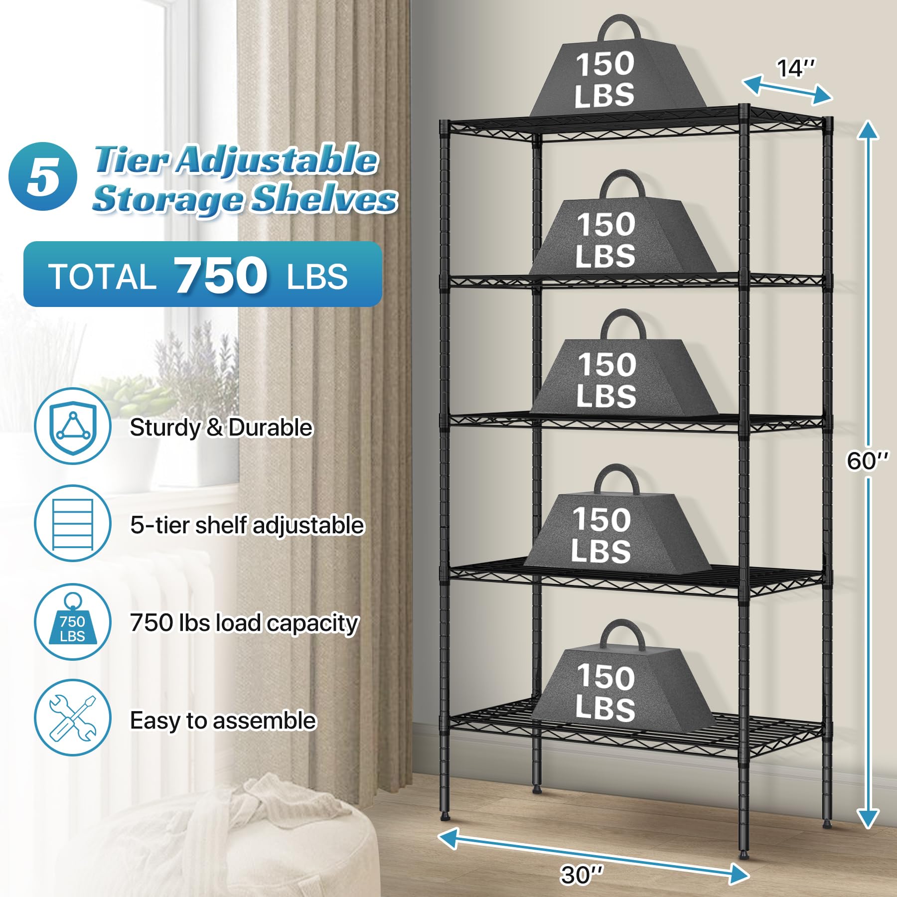 WYGMAV 5-Tier Shelf Metal Storage Rack Shelving Unit Adjustable Wire Shelving Unit Organizer Standing Shelf Units for Kitchen, Garage, Bathroom, Closet - Strong Steel Shelf with Wheels, Black