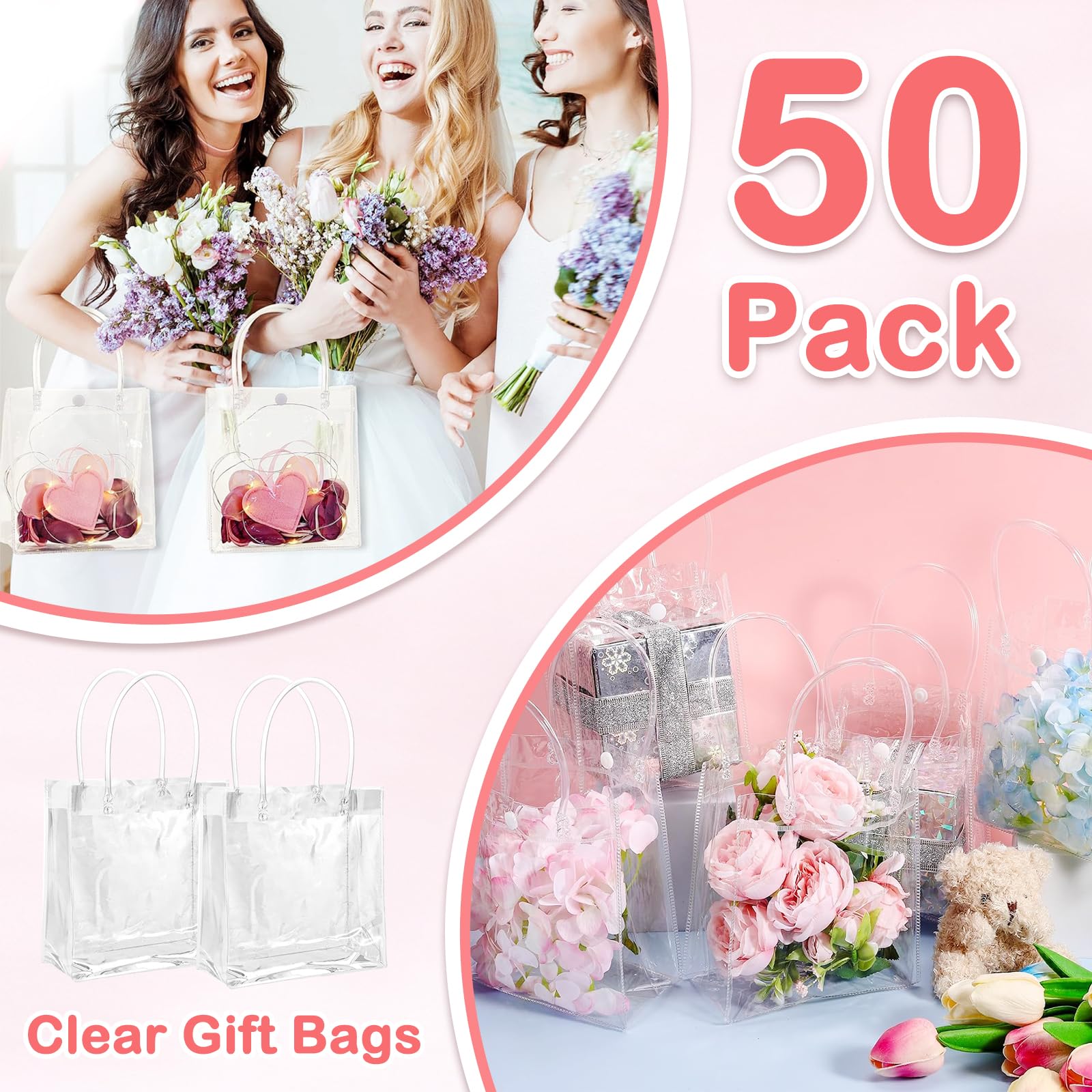 WDSHCR 50 Pcs Clear Gift Bags with Handles Plastic Gift Bags Transparent Reusable Tote Bags Candy Goodie Bags for Mother's Day Boutique Wedding Birthday Baby Shower Party (5.1 x 5.9 x 2.7 Inch)