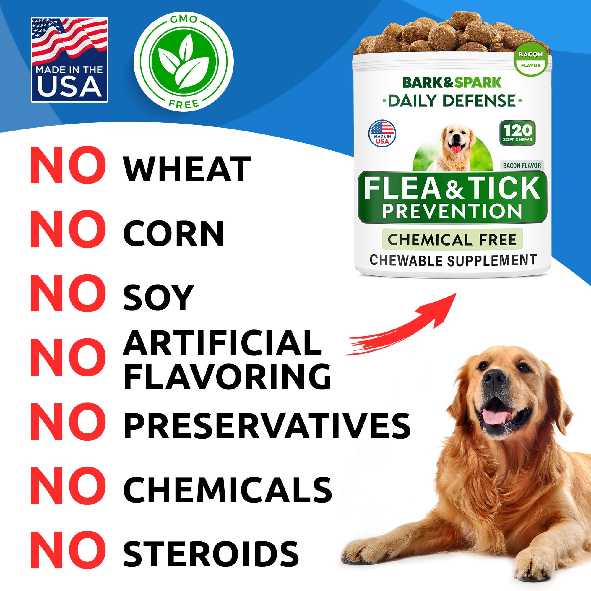 BARK&SPARK Natural Flea and Tick Prevention Chews for Dogs - Chewable Tablets for Dogs - All Breeds and Ages - Made in USA Flea and Tick Remover Supplement - Bacon - 120 Treats