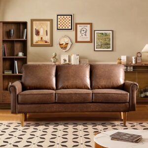 pouuin faux leather 3 seater sofa couches for living room,74" mid century modern deep seat sofas & couches,breathable comfy upholstered couch for bedroom apartment office (dark brown)