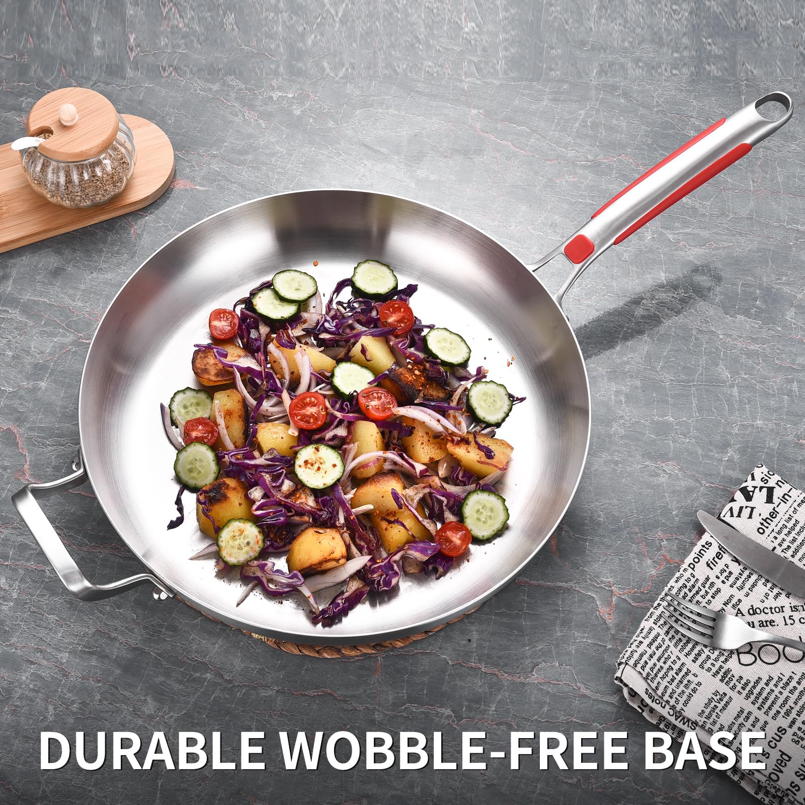 Inqibee 12-Inch Tri-Ply Stainless Steel Frying Pan with Lid and Helper Handle,Skillet,Chef's Pan,Induction Cooking Pan,Heavy Duty and Detachable Handle.