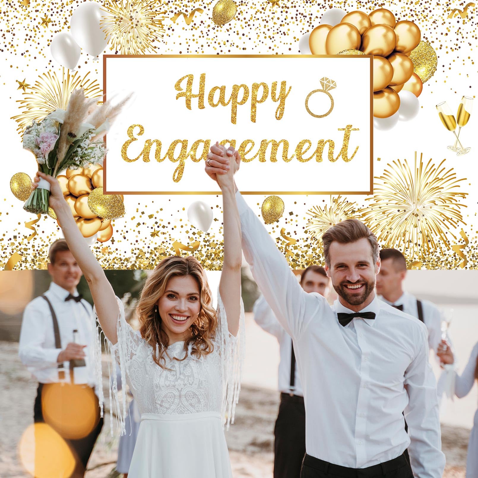 White Gold Engagement Party Decorations Happy Engagement Banner Large Engaged Banner Backdrop Decorations Congratulations Engagement Party Decor Just Engaged Banner Pre-Wedding Party Decor