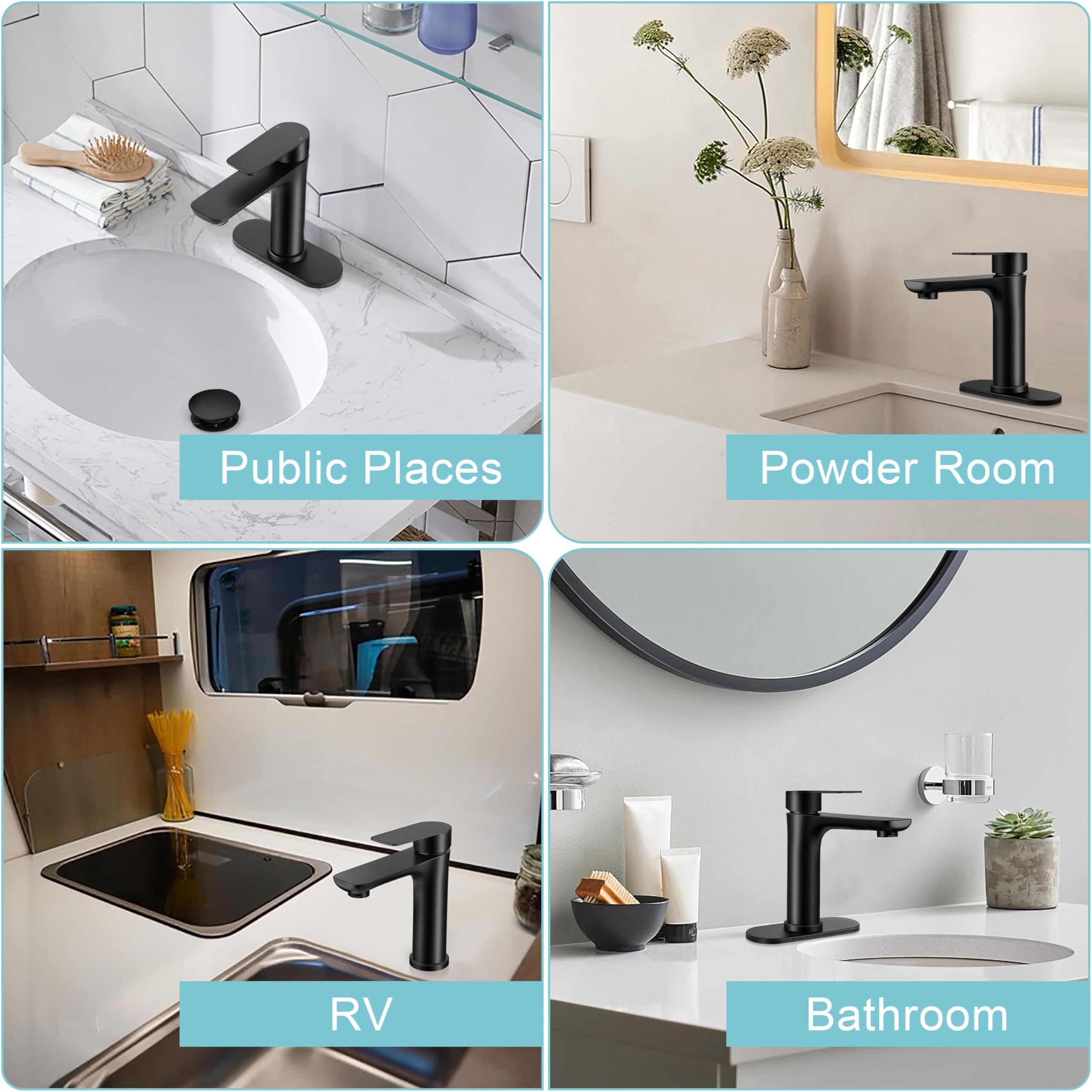 Homikit Bathroom Faucets, Black Bathroom Sink Faucet for 1 Hole or 3 Holes, Matte Black Faucet for Bathroom Sink with Pop Up Drain & Supply Hoses, Stainless Steel Single Handle RV Vanity Basin Faucet