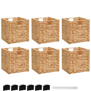 storage baskets wicker cube baskets foldable handwoven storage baskets bins with handles water hyacinth laundry organizer totes with letter boards and white markers set of 6 pcs,12x12x12inch