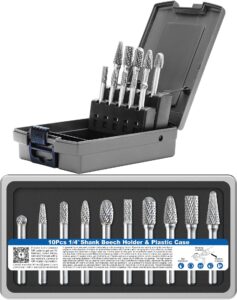 10 pcs carbide burr set 1/4 shank w/beech holder and case die grinder grinding drill bits for metal wood stone weld deburring rotary tool attachment accessories rasp compatible with milwaukee dewalt