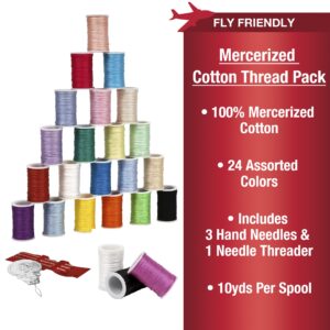 SINGER Mercerized Cotton Hand Sewing Thread Pack - 24 Assorted Colors, 10yds/ea, Mini Spools of Thread, Includes Hand Needles & Threader, Travel Friendly