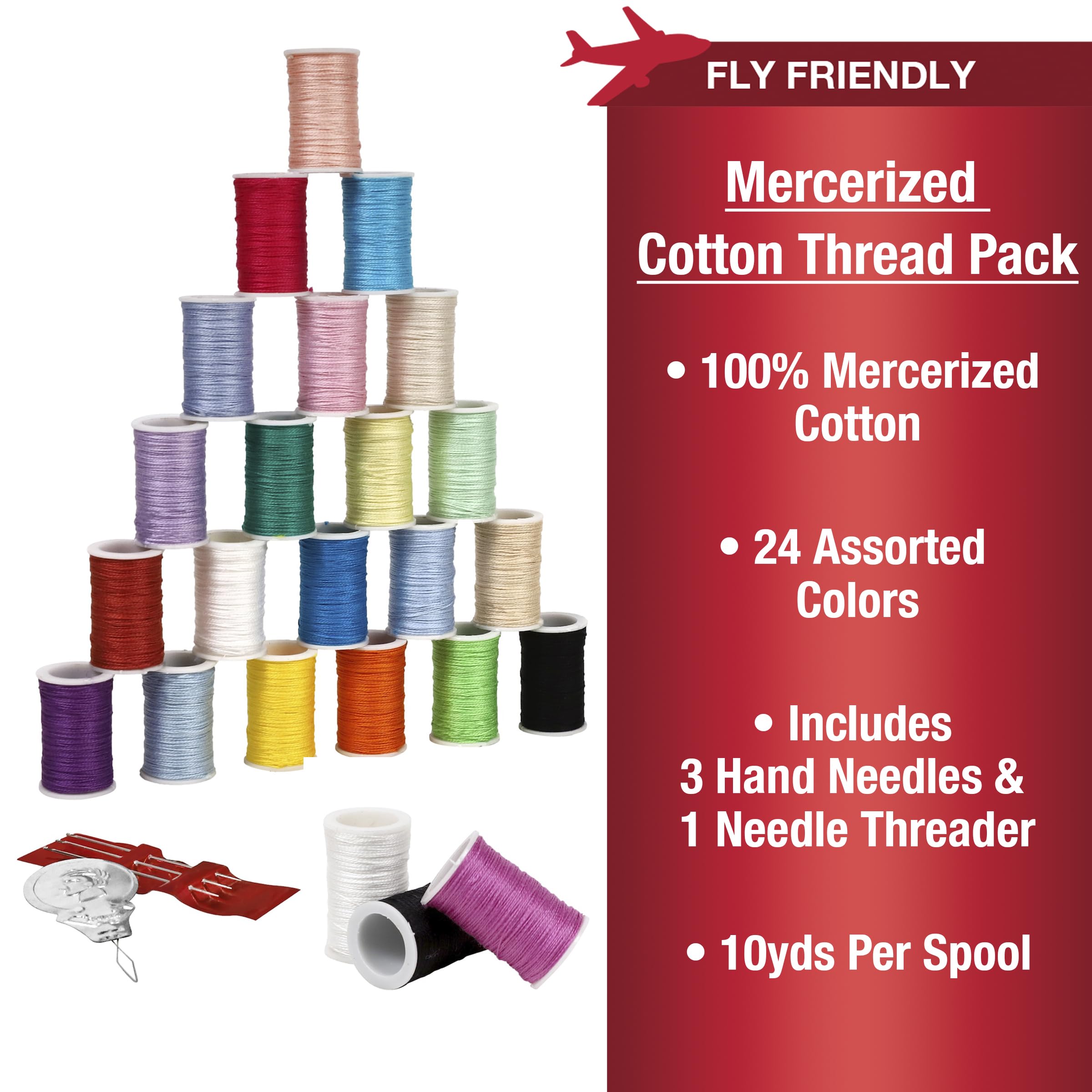 SINGER Mercerized Cotton Hand Sewing Thread Pack - 24 Assorted Colors, 10yds/ea, Mini Spools of Thread, Includes Hand Needles & Threader, Travel Friendly