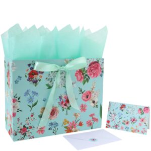 13" large green gift bags set with greeting card and tissue papers (roses and flowers) for celebrating birthdays, mother's day, weddings, anniversary, valentine's day - 13”x5.2”x10.2”, 1 pcs.