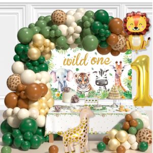 wild one birthday decorations for boys safari balloon arch with wild one banner backdrop, tablecloth, gold 1 balloons and animal foil balloons for jungle baby shower boy 1st birthday decorations