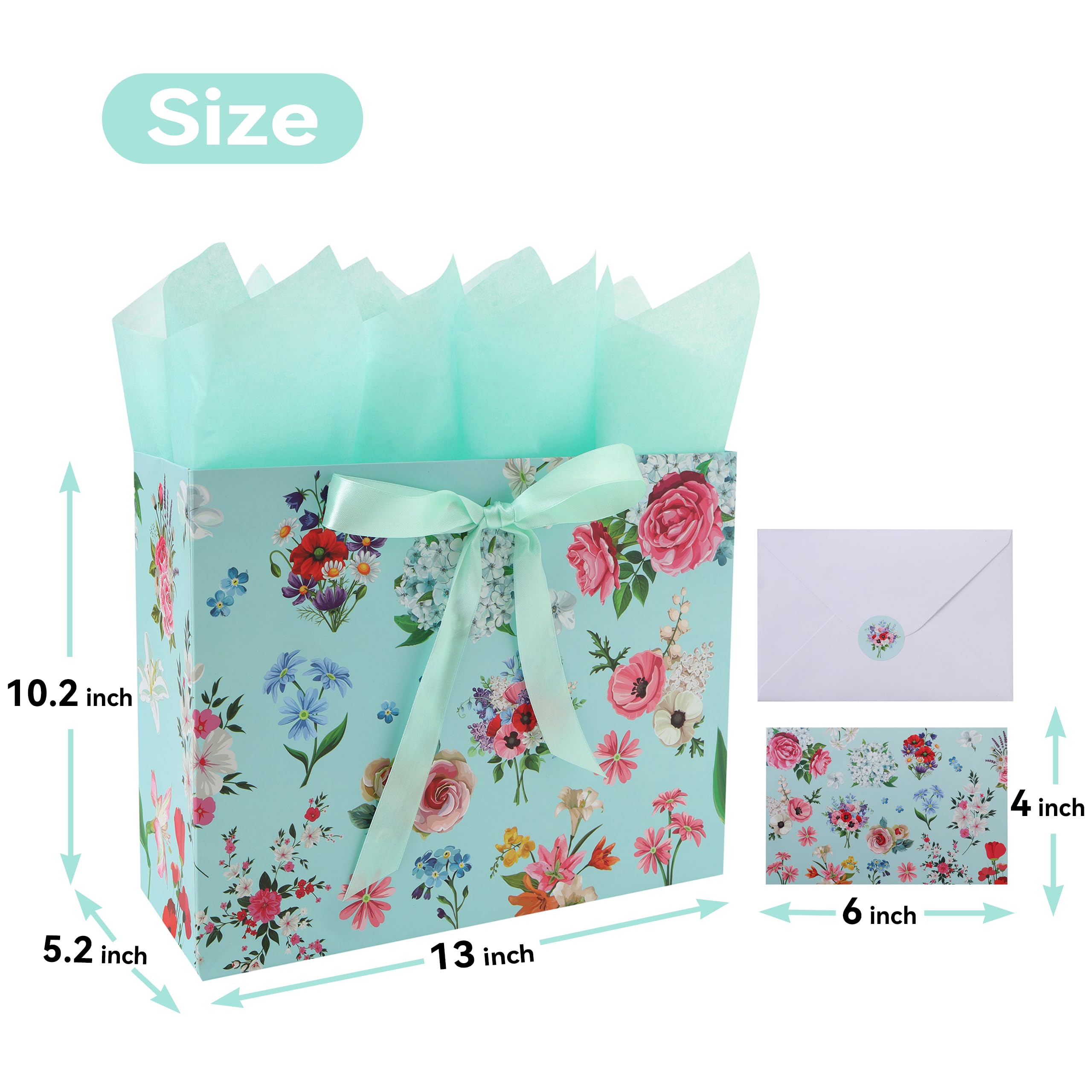 13" Large Green Gift Bags Set with Greeting Card and Tissue Papers (Roses and Flowers) for Celebrating Birthdays, Mother's Day, Weddings, Anniversary, Valentine's Day - 13”x5.2”x10.2”, 1 Pcs.