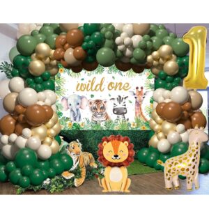 Wild One Birthday Decorations For Boys Safari Balloon Arch With Wild One Banner Backdrop, Tablecloth, Gold 1 Balloons And Animal Foil Balloons For Jungle Baby Shower Boy 1st Birthday Decorations