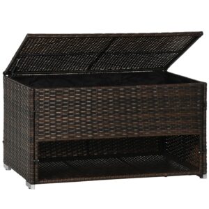 outsunny outdoor deck box and waterproof shoe storage, pe rattan wicker towel rack with liner for indoor, outdoor, patio furniture cushions, pool, toys, garden tools, brown