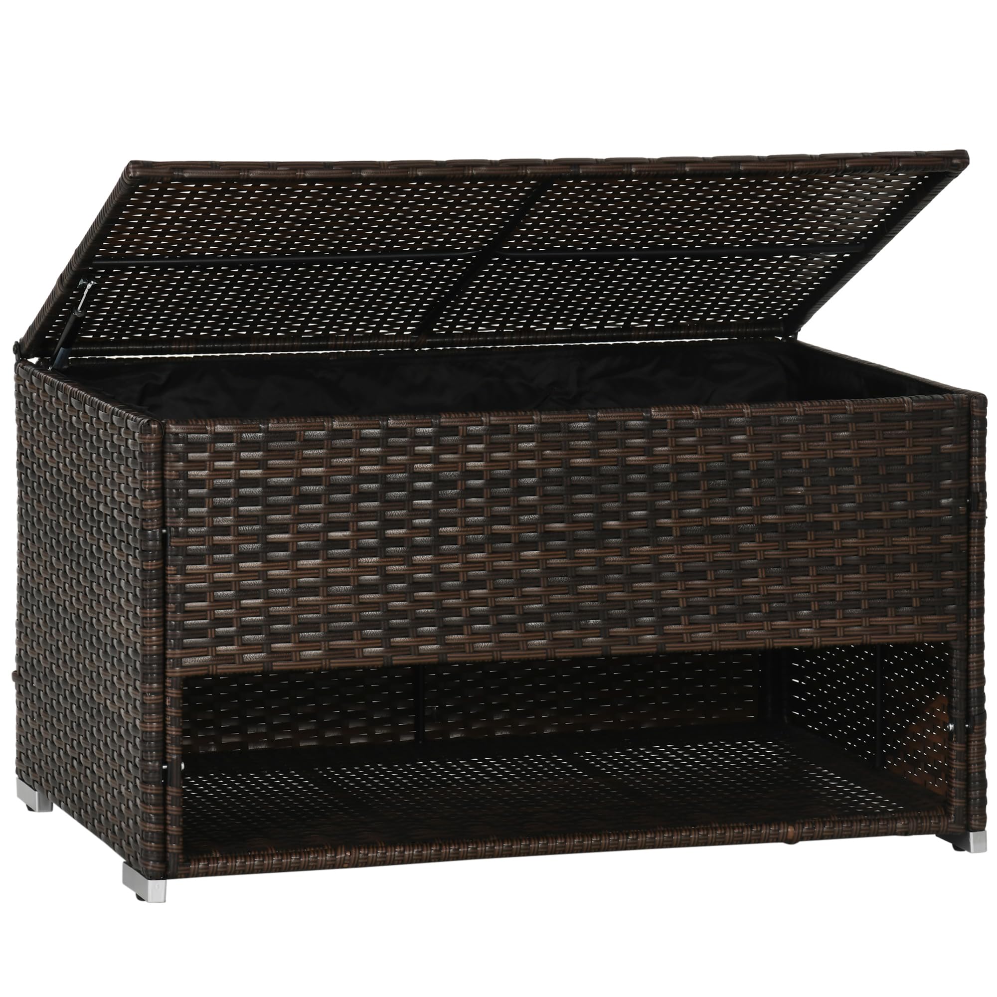 Outsunny Outdoor Deck Box and Waterproof Shoe Storage, PE Rattan Wicker Towel Rack with Liner for Indoor, Outdoor, Patio Furniture Cushions, Pool, Toys, Garden Tools, Brown