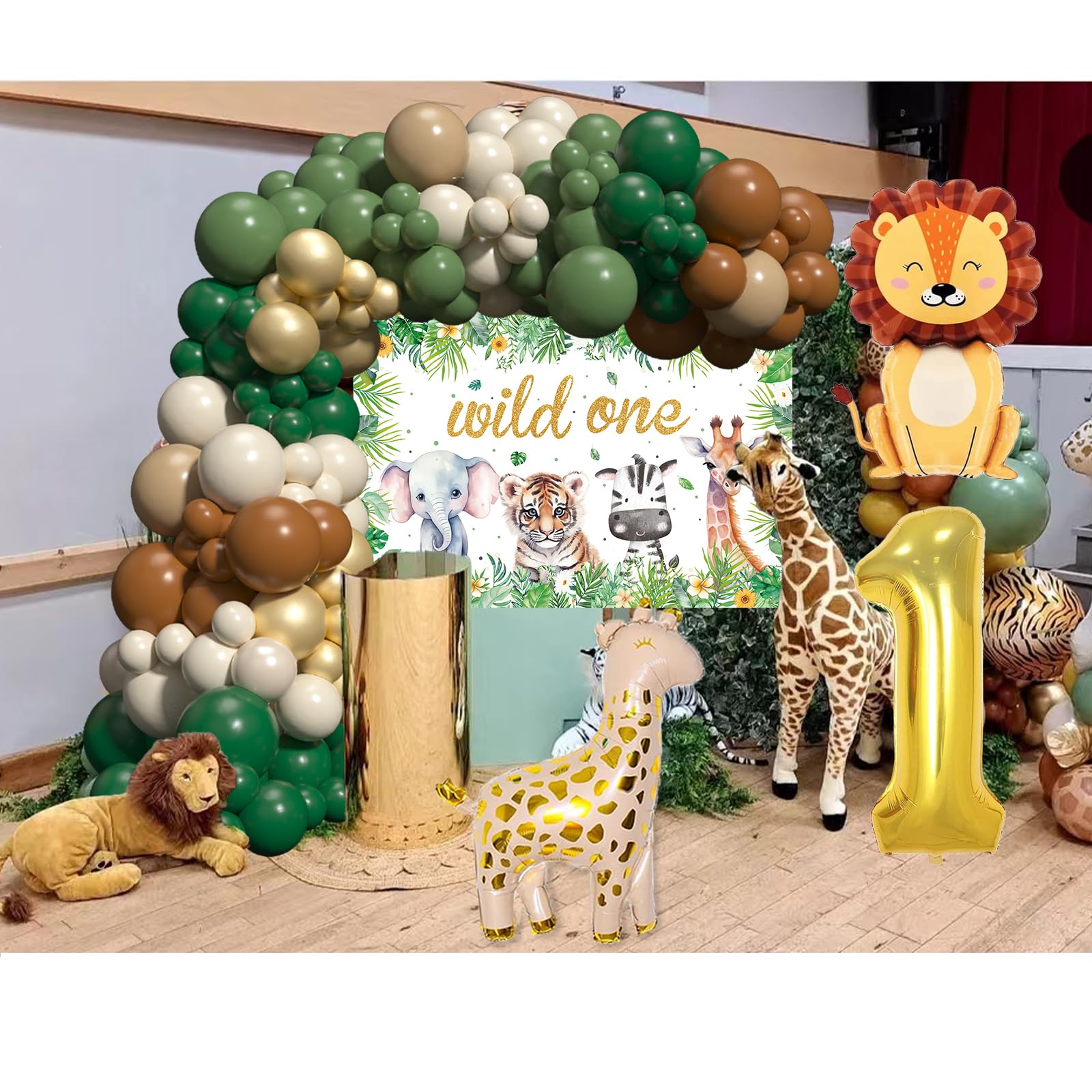 Wild One Birthday Decorations For Boys Safari Balloon Arch With Wild One Banner Backdrop, Tablecloth, Gold 1 Balloons And Animal Foil Balloons For Jungle Baby Shower Boy 1st Birthday Decorations