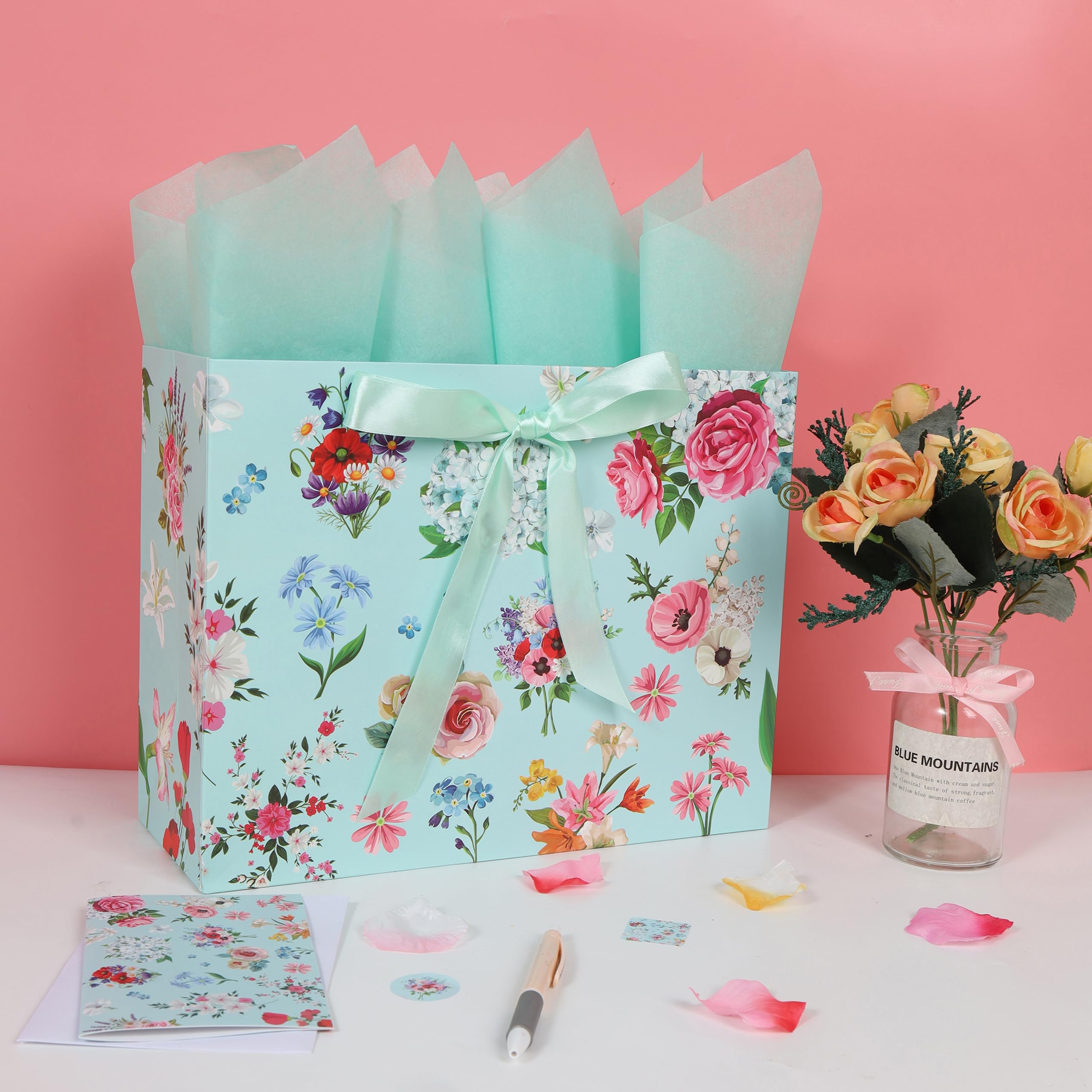 13" Large Green Gift Bags Set with Greeting Card and Tissue Papers (Roses and Flowers) for Celebrating Birthdays, Mother's Day, Weddings, Anniversary, Valentine's Day - 13”x5.2”x10.2”, 1 Pcs.