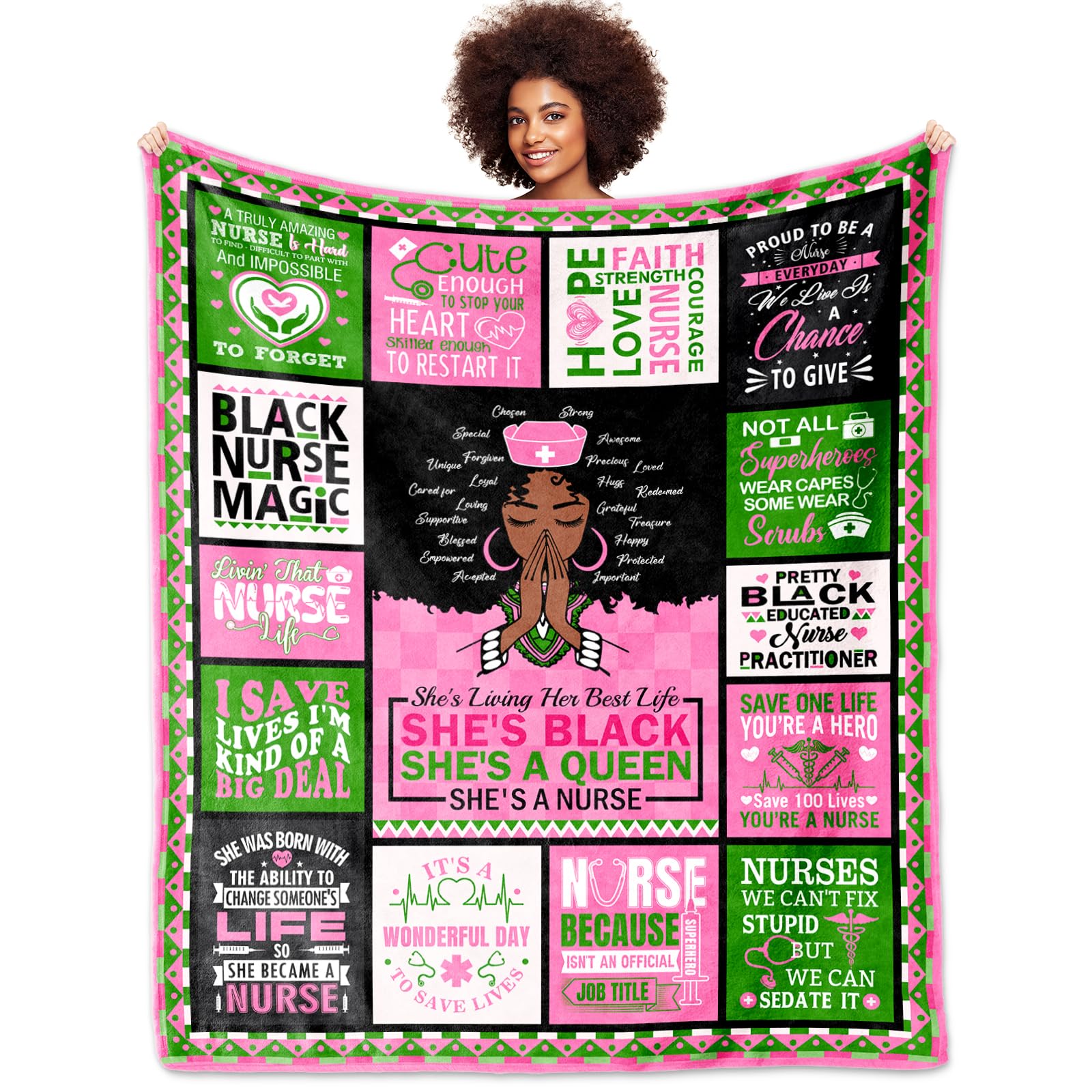 VMASUEY Nurse Gifts Blanket 60"x50", Nurses Week Gifts, Black Nurse Appreciation Gifts, Pink and Green Blanket for Black Girl Nurse Practitioner Gift, African American Nurse Graduation