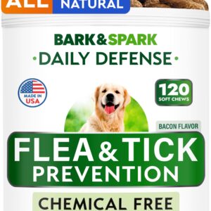 BARK&SPARK Natural Flea and Tick Prevention Chews for Dogs - Chewable Tablets for Dogs - All Breeds and Ages - Made in USA Flea and Tick Remover Supplement - Bacon - 120 Treats