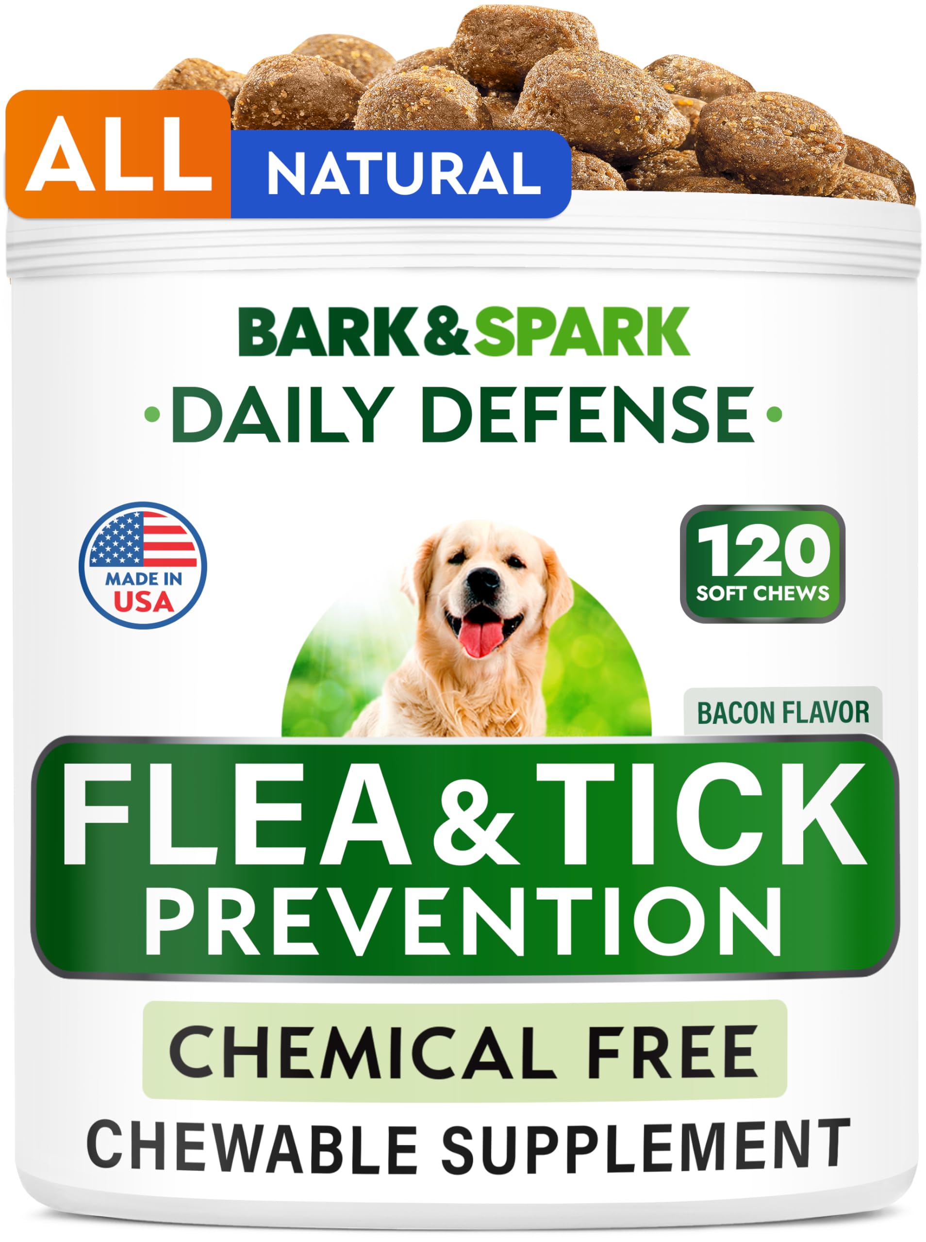 BARK&SPARK Natural Flea and Tick Prevention Chews for Dogs - Chewable Tablets for Dogs - All Breeds and Ages - Made in USA Flea and Tick Remover Supplement - Bacon - 120 Treats