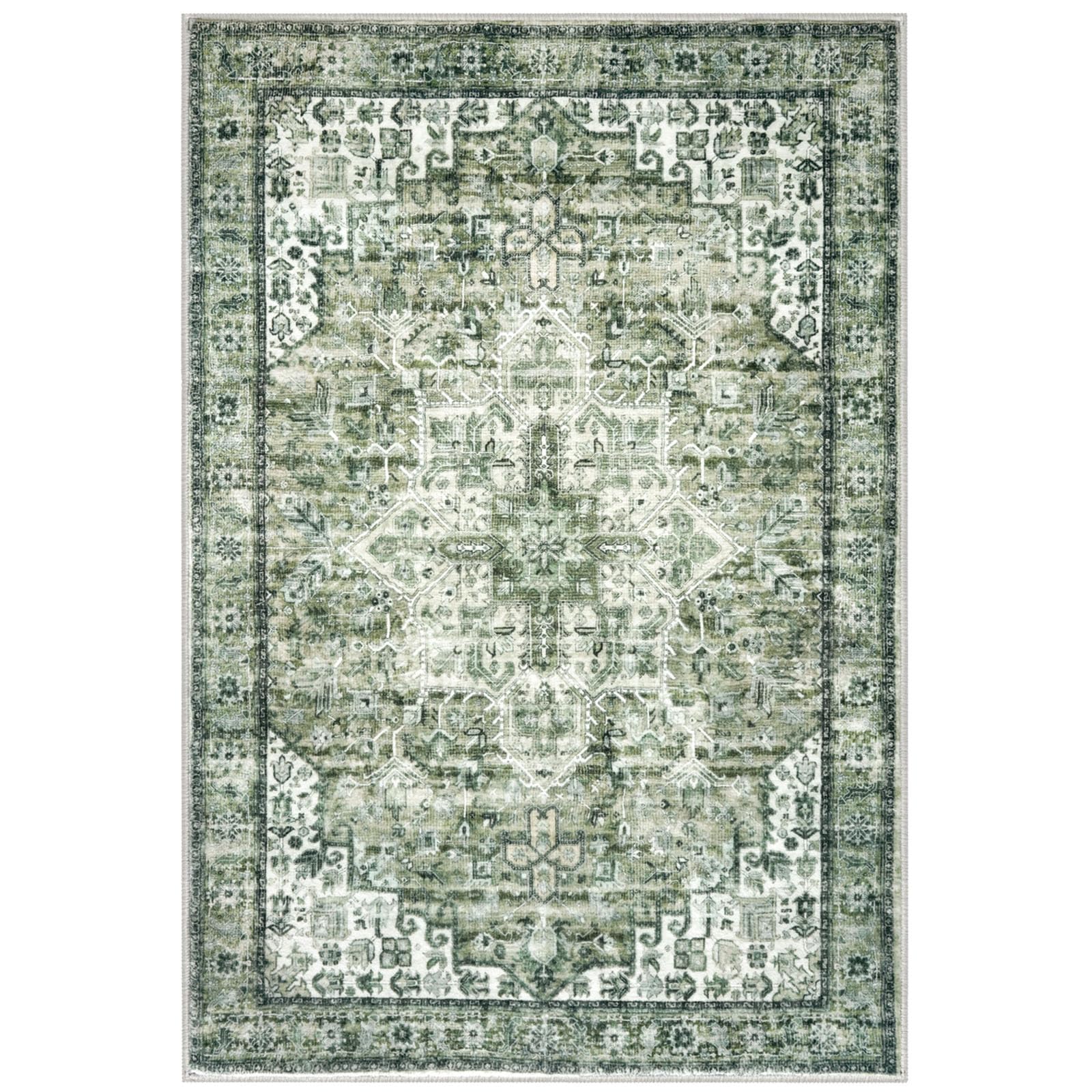 SIILOOM 2x3 Bright Green Washable Rug for Entryway, Soft Traditional Printed Area Rug, Non-Slip Kitchen Rugs, Low-Pile Medallion Indoor Door Mat, Farmhouse Carpet for Entrance Kitchen Foyer