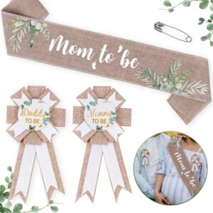 neutral burlap mom to be sash dad to be pin baby shower decorations, sage green mommy to be sash baby shower pin set for gender reveals party decorations for pregnant keepsake gifts