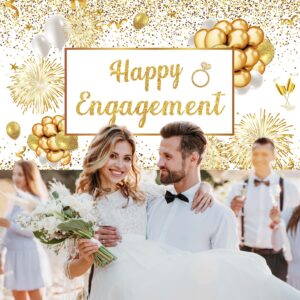 White Gold Engagement Party Decorations Happy Engagement Banner Large Engaged Banner Backdrop Decorations Congratulations Engagement Party Decor Just Engaged Banner Pre-Wedding Party Decor