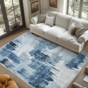 Area Rugs 9x12 Living Room: Large Abstract Living Room Rug with Non Slip Back Bedroom Rug Soft Indoor Floor Thin Carpet for Under Dining Table Stain Resistant Modern Rug for Nursery Home Office Blue