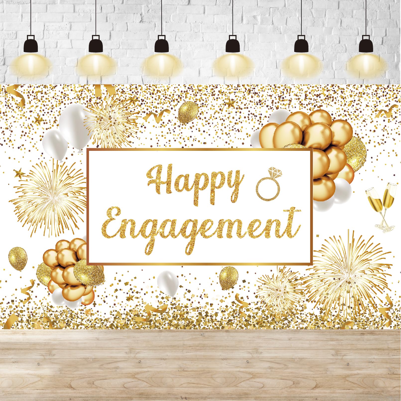 White Gold Engagement Party Decorations Happy Engagement Banner Large Engaged Banner Backdrop Decorations Congratulations Engagement Party Decor Just Engaged Banner Pre-Wedding Party Decor