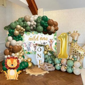 Wild One Birthday Decorations For Boys Safari Balloon Arch With Wild One Banner Backdrop, Tablecloth, Gold 1 Balloons And Animal Foil Balloons For Jungle Baby Shower Boy 1st Birthday Decorations