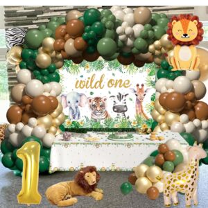 Wild One Birthday Decorations For Boys Safari Balloon Arch With Wild One Banner Backdrop, Tablecloth, Gold 1 Balloons And Animal Foil Balloons For Jungle Baby Shower Boy 1st Birthday Decorations