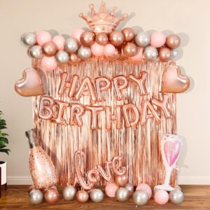 rose gold birthday decorations for women, girls birthday princess party,happy birthday banner,pink gold bachelor party balloon happy birthday decoration party supplies (rose gold)