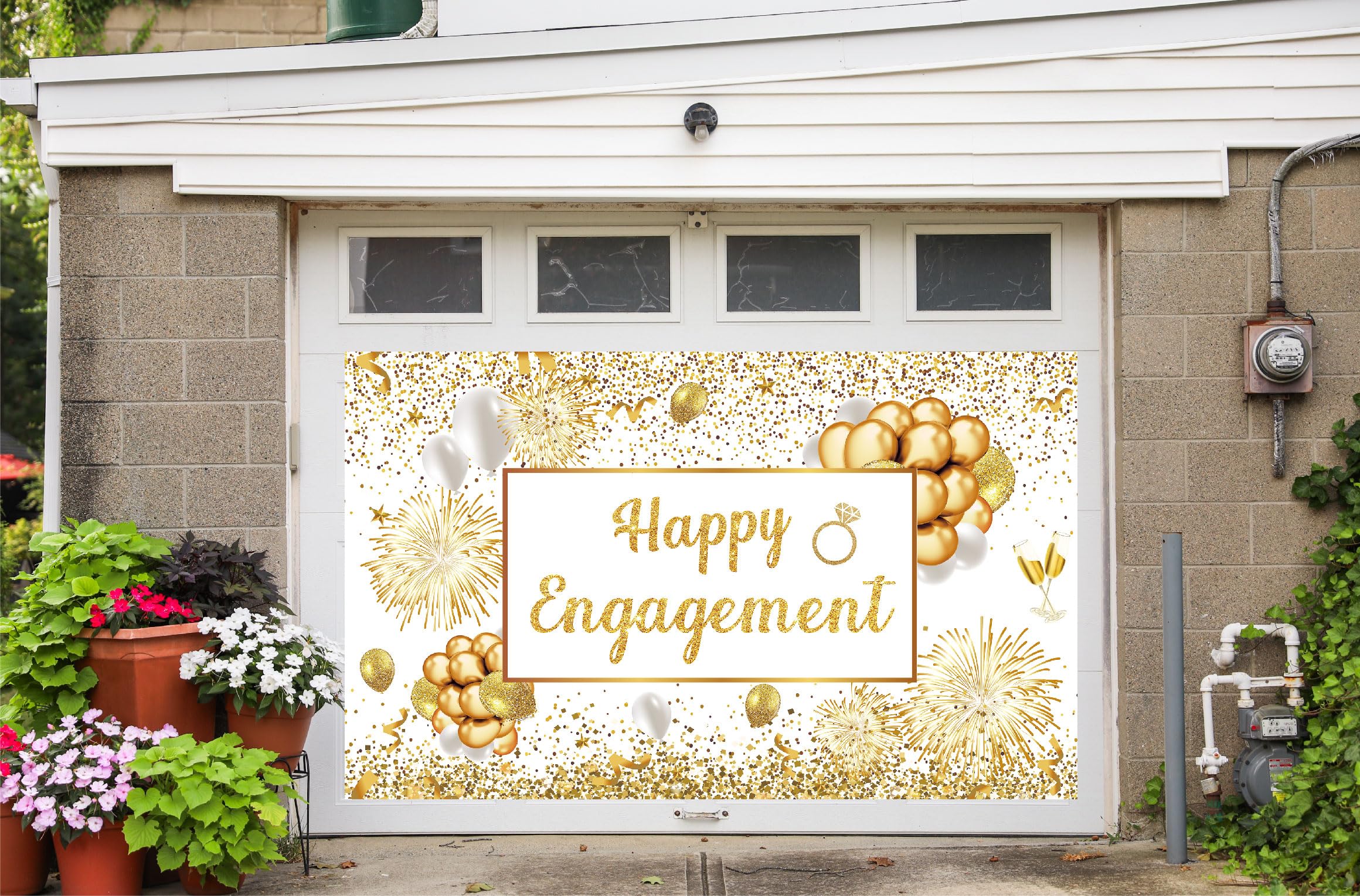 White Gold Engagement Party Decorations Happy Engagement Banner Large Engaged Banner Backdrop Decorations Congratulations Engagement Party Decor Just Engaged Banner Pre-Wedding Party Decor