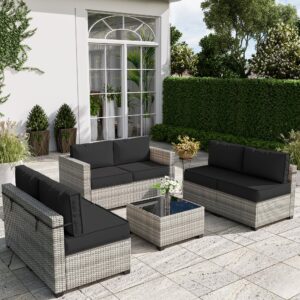 Kimunuk 7-Piece Outdoor Patio Furniture Set with 5" High-Resiliency Seat Cushions, Light Grey Gradient Wicker Sectional Sofa, Modular Wicker Patio Conversation Set, with Coffee Table-Grey/Black