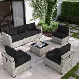 kimunuk 7-piece outdoor patio furniture set with 5" high-resiliency seat cushions, light grey gradient wicker sectional sofa, modular wicker patio conversation set, with coffee table-grey/black