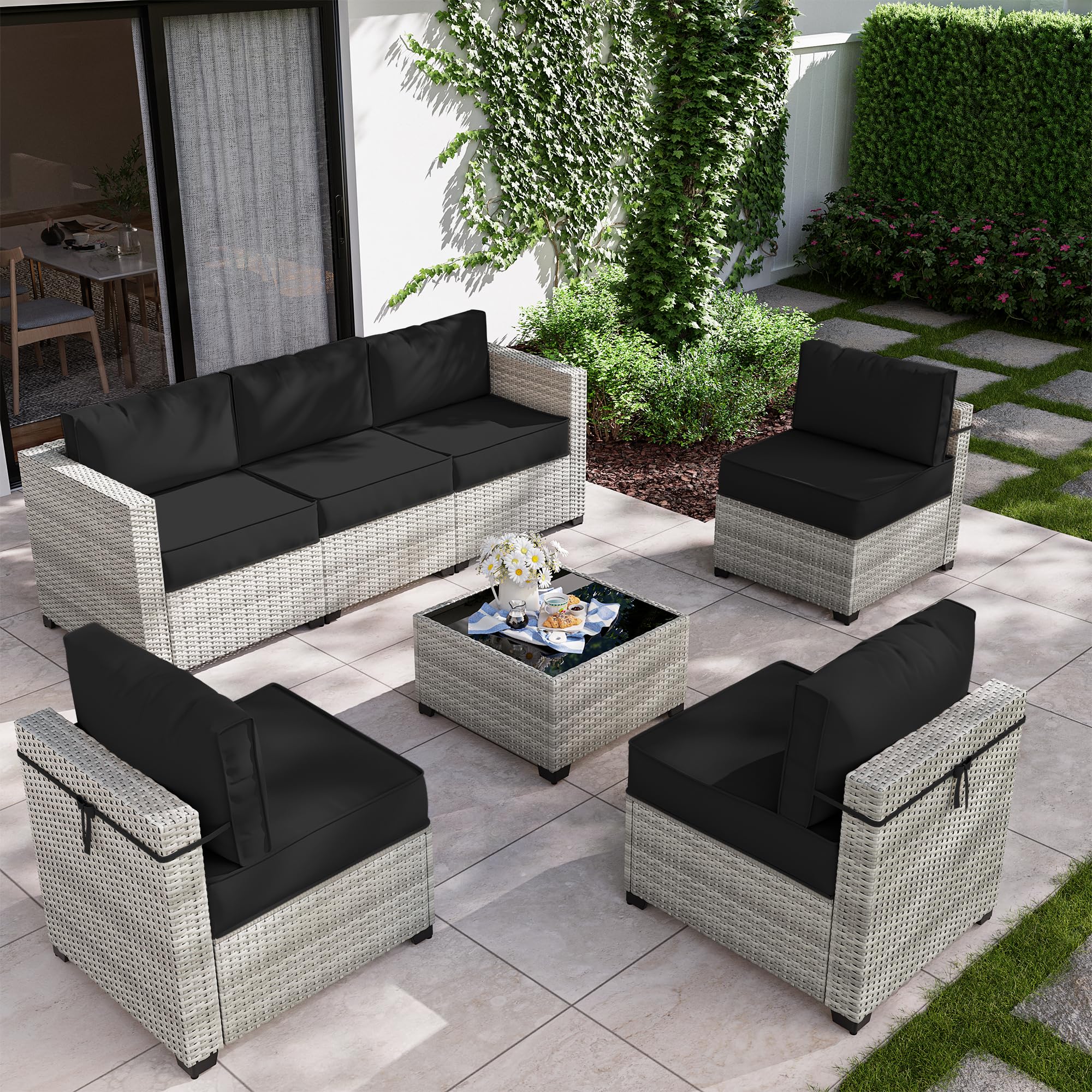 Kimunuk 7-Piece Outdoor Patio Furniture Set with 5" High-Resiliency Seat Cushions, Light Grey Gradient Wicker Sectional Sofa, Modular Wicker Patio Conversation Set, with Coffee Table-Grey/Black