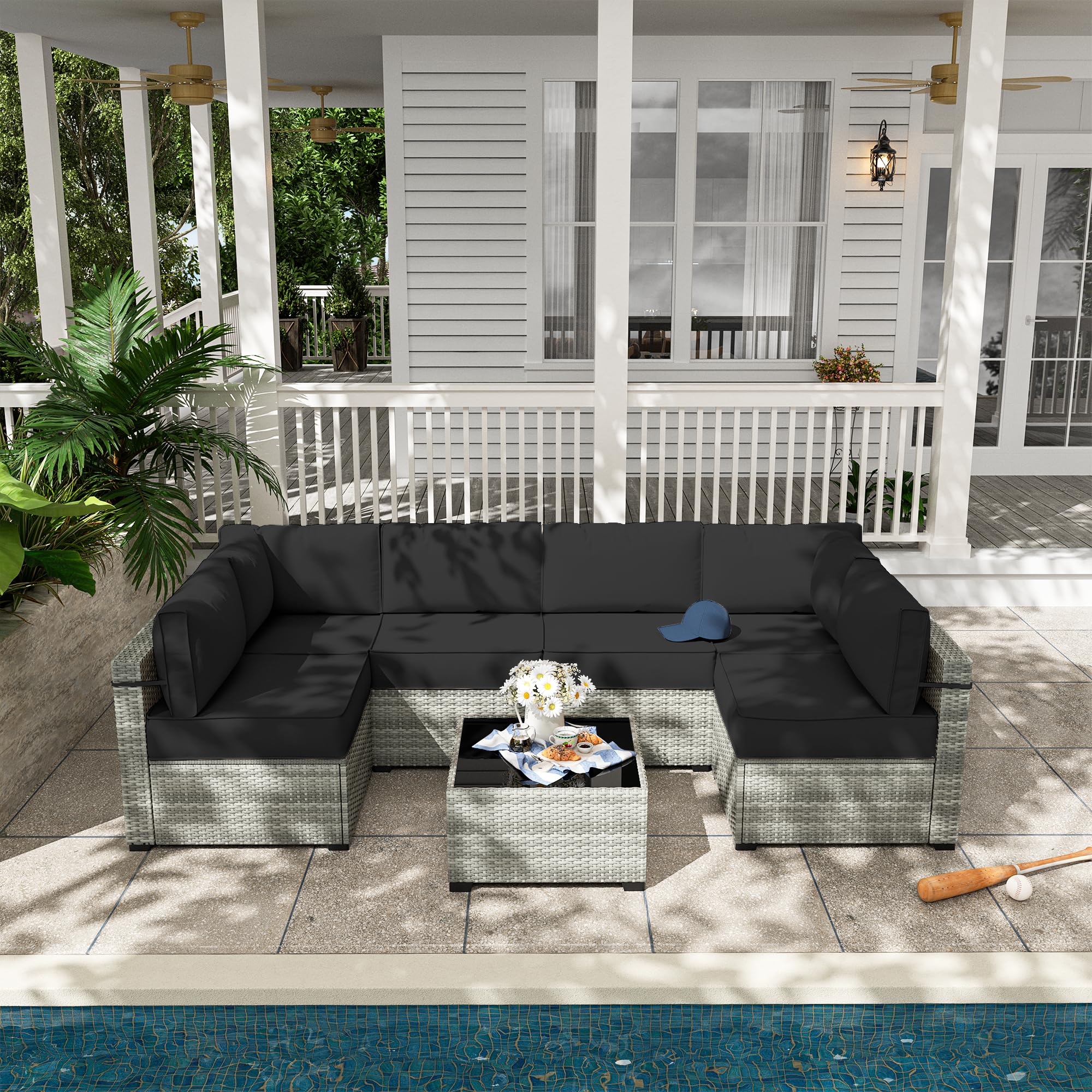 Kimunuk 7-Piece Outdoor Patio Furniture Set with 5" High-Resiliency Seat Cushions, Light Grey Gradient Wicker Sectional Sofa, Modular Wicker Patio Conversation Set, with Coffee Table-Grey/Black