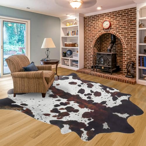 SUNCOWLLY Cowhide Rug 4.6x5.2ft Non-Slip Cow Print Rug Cow Hide Rug Premium Faux Cowhide Rug Area Rug Animal Print Rug Western Room Decor Cow Rugs for Living Room Bedroom Dinning Room