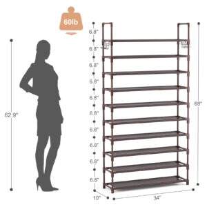 VTRIN 10 Tiers Shoe Rack Tall Large Capacity 50 Pairs Wide Shoe Organizer Sturdy Shoe Shelf for Entryway with Two Hooks Metal Shoe Storage for Closet, Bedroom, Brown