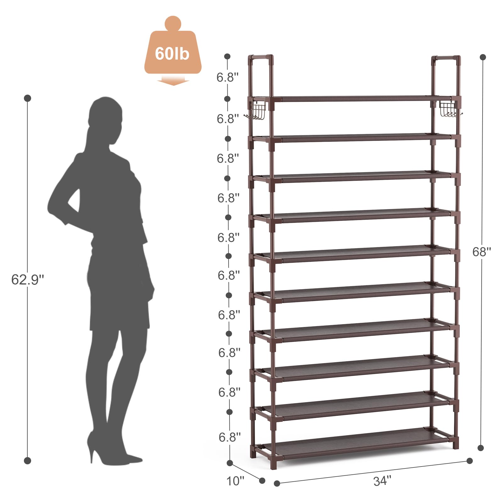 VTRIN 10 Tiers Shoe Rack Tall Large Capacity 50 Pairs Wide Shoe Organizer Sturdy Shoe Shelf for Entryway with Two Hooks Metal Shoe Storage for Closet, Bedroom, Brown