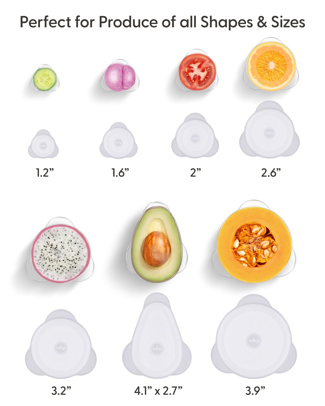 W&P Reusable Produce Savers, Set of 7, Covers Fruits & Vegetables To Keep Fresh, Dishwasher Safe, Avocado & Onion Saver