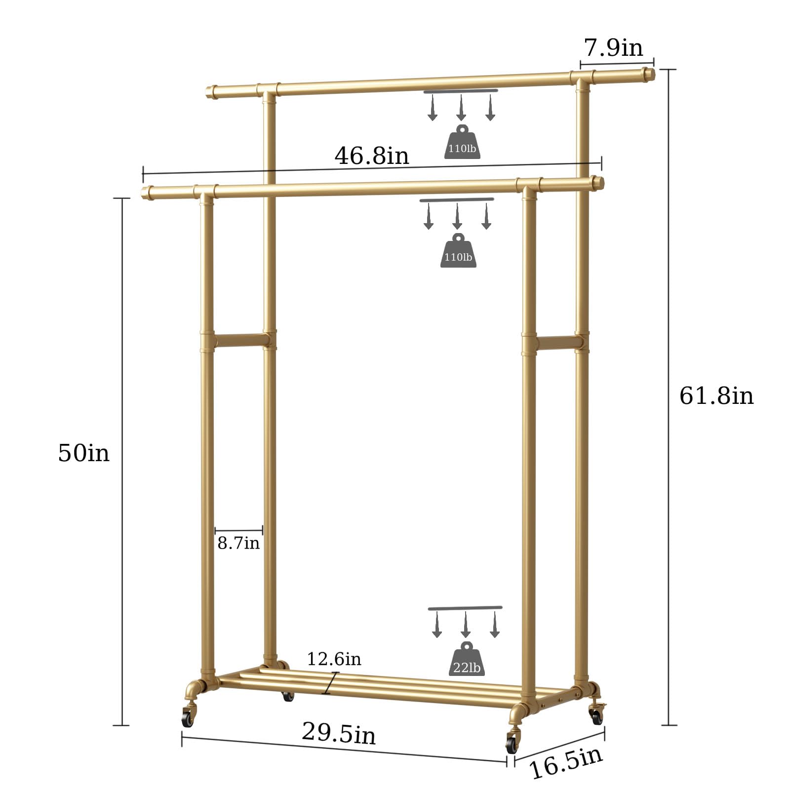 BOSURU Double-Rod Gold Clothes Racks, Industrial Pipe Clothing Rack with Wheels, Garment Rack with Shelf and 2 Side Rods, Loads up to 220 lb, for Bedroom, Clothing Store, Gold