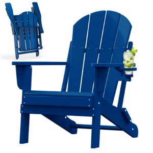 folding adirondack chair with cup holder, poly lumber patio chairs, wood texture, pre-assembled weather resistant outdoor chairs for pool, deck, backyard, garden, fire pit seating, navy blue