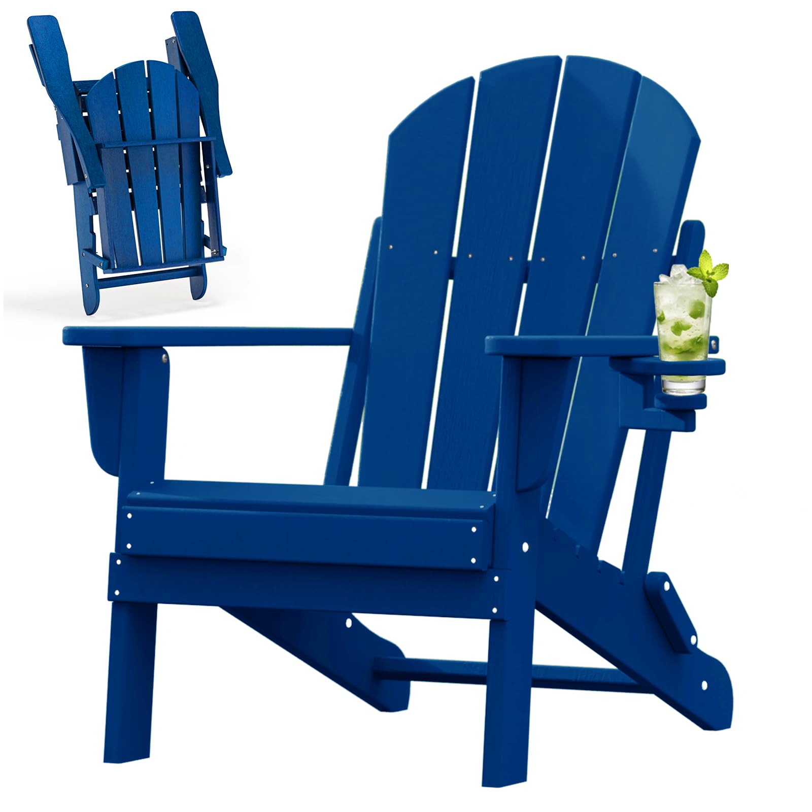 Folding Adirondack Chair with Cup Holder, Poly Lumber Patio Chairs, Wood Texture, Pre-Assembled Weather Resistant Outdoor Chairs for Pool, Deck, Backyard, Garden, Fire Pit Seating, Navy Blue