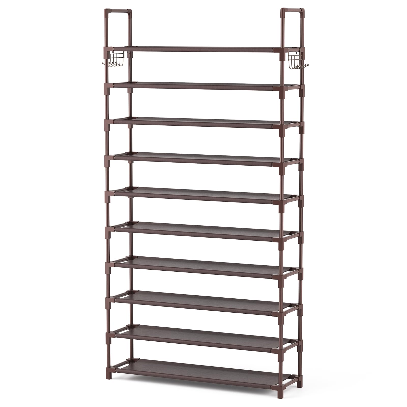 VTRIN 10 Tiers Shoe Rack Tall Large Capacity 50 Pairs Wide Shoe Organizer Sturdy Shoe Shelf for Entryway with Two Hooks Metal Shoe Storage for Closet, Bedroom, Brown