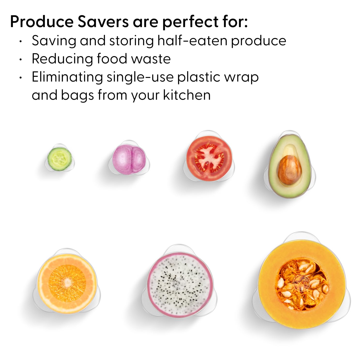 W&P Reusable Produce Savers, Set of 7, Covers Fruits & Vegetables To Keep Fresh, Dishwasher Safe, Avocado & Onion Saver