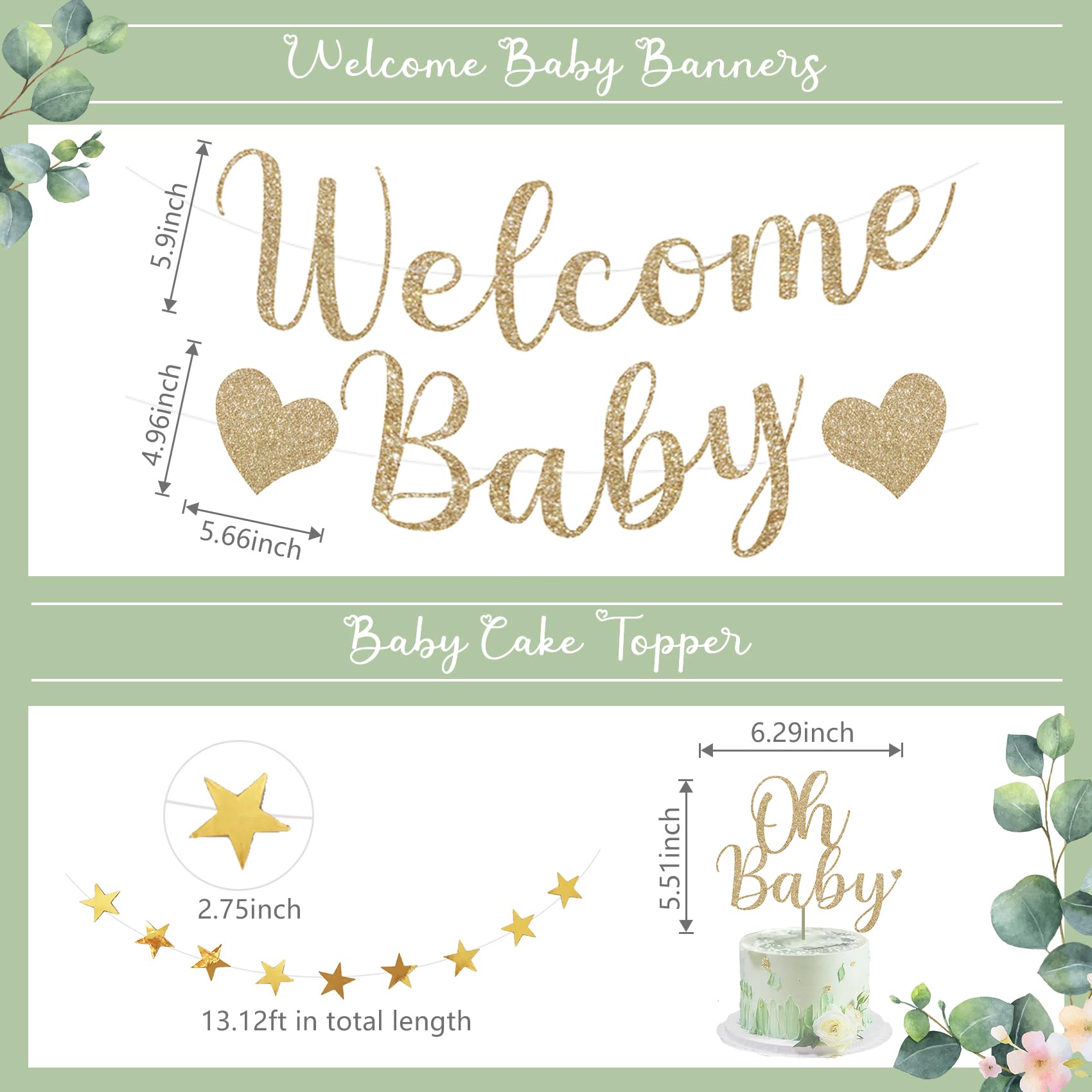 Amandir Baby Shower Decorations Sage Green Balloons Welcome Baby Banner, Cake Topper, Paper Lanterns, Pom Poms Flowers Tassels, Circle Dots Star Garland, Neutral Gender Reveal Birthday Party Supplies